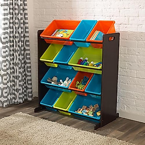 KidKraft Wooden Sort It & Store It Bin Unit with 12 Plastic Bins - Brights & Espresso, Gift for Ages 3+