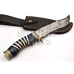 Skokie Knives Custom Hand Made Damascus Steel Hunting Knife Handle Original Camel Bone with Brass Spacer and Pakka Wood A Perfect Grip for Hunters