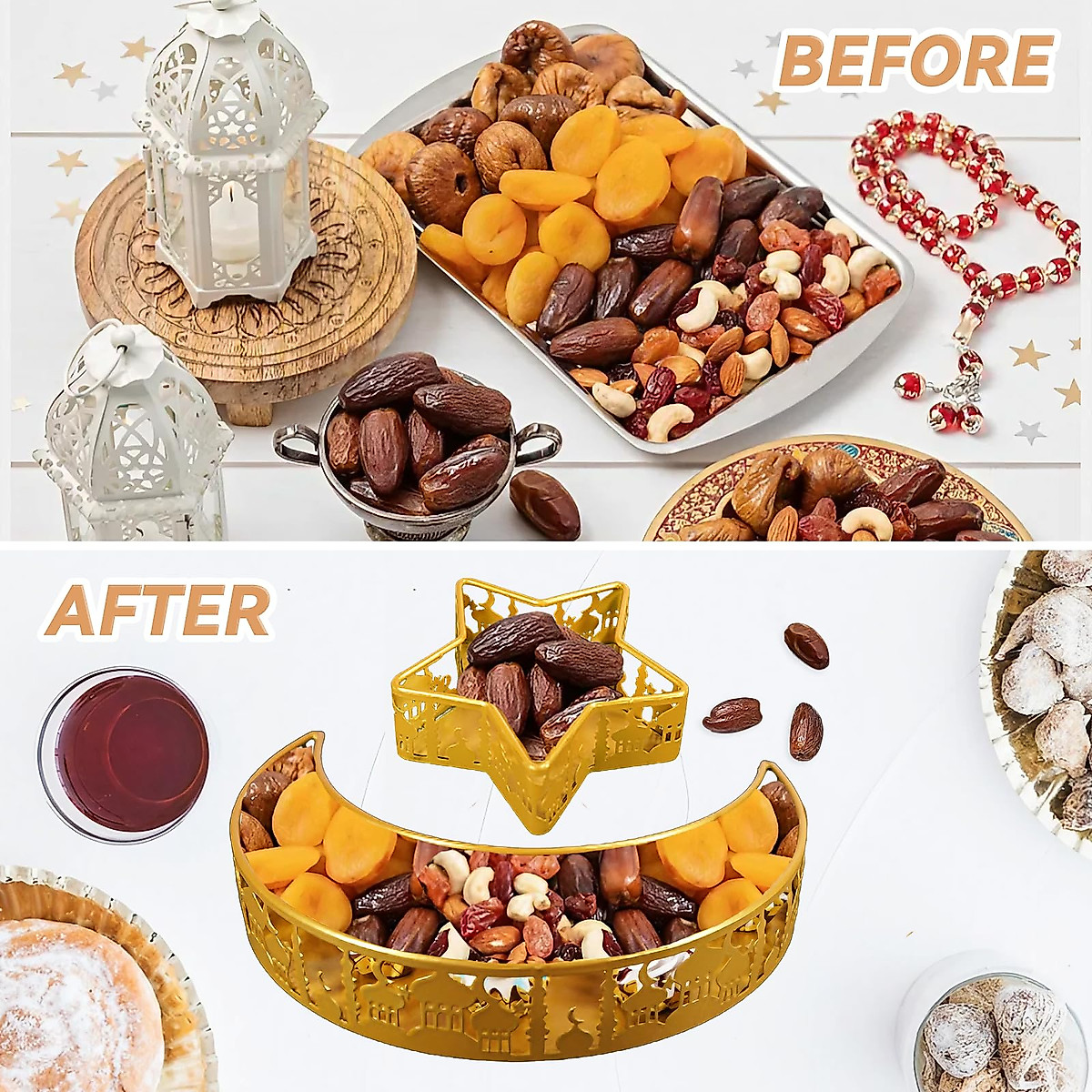 AOCEAN 2 Pcs Golden Ramadan Serving Tray Elegant Eid Mubarak Dessert Plate with Moon and Star Design Stylish Food Container for Ramadan Table Decor and Festive Gatherings (Carve)