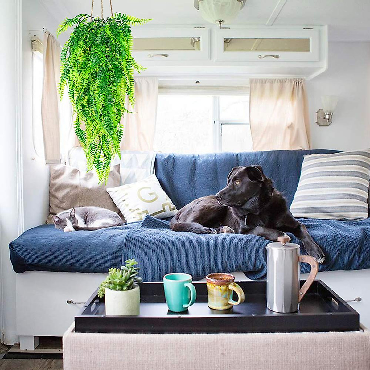 AA BADBABY 2pcs Artificial Hanging Vine Ferns Plants Fake Boston Fern Ivy Leaves Garland Greeny Chain Wall Home Room Garden Wedding Garland Outside Decoration (Fern)