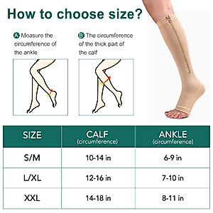 CTHH 2 Pairs Zipper Compression Socks 15-20mmgh-Calf Knee High Open Toe Compression Stocking