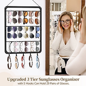 3 Tier Sunglasses Organizer Storage Wall Mounted, GLEDICH Upgraded Hanging Glasses Holder for Wall and Door with 5 Hooks, Metal Eyeglasses Rack Multiple Eyewear Display Hanger - Holds Up to 29 Glasses