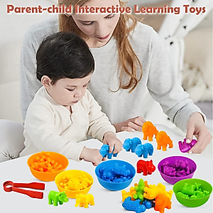 GKDOMS Counting Animals Toys Matching Game with Sorting Bowls Preschool Learning Activities Montessori Sensory Toy for Math Color Sorting, Party Favors Birthday Gifts for Kids Toddlers