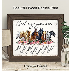Rustic Religious Horse Wall Art - Inspirational Spiritual Scripture Christian Boho Farmhouse Poster - Girls Bedroom Decor - God Says You Are - Shabby Chic Decoration - Country Western Gift for Women