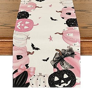 Artoid Mode Pink Jack-O-Lantern Pumpkin Bat Halloween Table Runner, Holiday Kitchen Dining Table Decoration for Indoor Outdoor Home Party Decor 13 x 72 Inch
