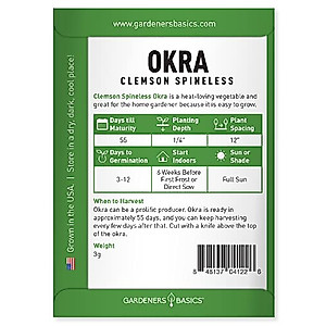 Okra Seeds for Planting - Clemson Spinless Heirloom, Non-GMO Vegetable Variety- 3 Grams Seeds Great for Summer Gardens by Gardeners Basics