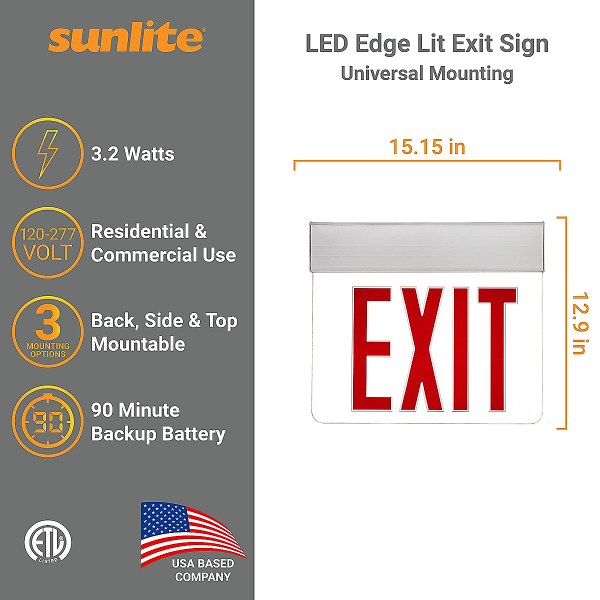 Sunlite 05277 LED Edge Lit Exit Sign, Clear Panel with Etched Bright Red Lettering, 90-Min Battery Power Back-Up, Dual Voltage 120-277V, Universal Mounting, Long Lasting, Fire Safety, NYC Compliant
