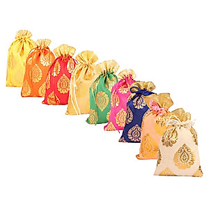 Touchstone Drawstring Bags Traditional Indian Handcrafted in Ficus Leaf Pattern Brocade fabric. Perfect for Gifts Jewelry Weddings Sweet Distribution Set of 9 Vibrant Multicolor Pouches Purses Potli.