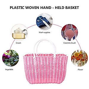 Housoutil Woven Grocery Bag, Plastic Market Basket Reusable Shopping Bag with Handle, Tote Bag Fruit and Vegetable Bags- Pink(About 35.00X24.00X14.00cm; 13.76X9.43X5.50in)