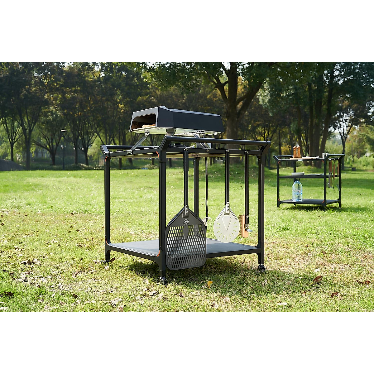 NUUK Outdoor Grill Cart with Double-Shelf 32" x 32" Grilling Prep Table Stainless Steel Rolling Outdoor Pizza Oven Table with Solid Steel Frame, Outdoor Cooking Station, Outdoor Dining Bar