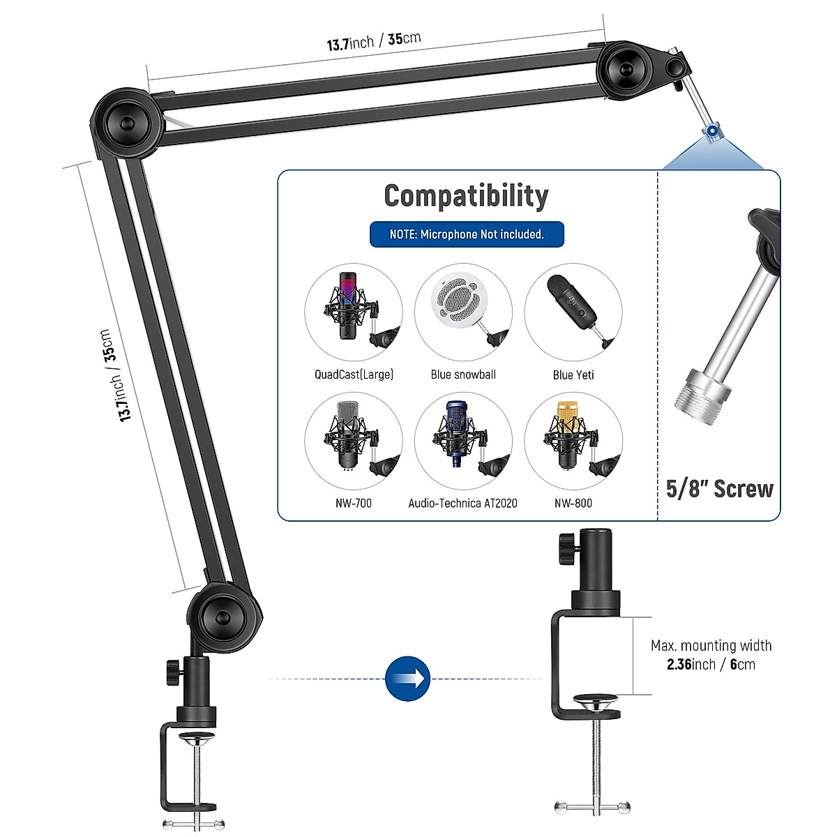 Neewer Microphone Arm Stand, Heavy-Duty Mic Arm Microphone Stand Suspension Scissor Boom Stand with 5/8” to 3/8” & 5/8” to 1/4” Screw and Cable Tie Compatible with Blue Yeti/Snowball/QuadCast (Medium)