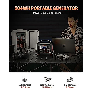 Portable Power Station, 504Wh Solar Generator 300W(500W Peak) Pure Sine Wave AC Outlet with Car Charger, DC cable, Portable Generator for Home Use Outdoor Camping Blackout Emergency Backup