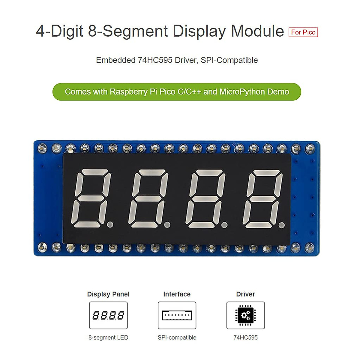 Coolwell 4-digit 8-segment Display Module for Raspberry Pi Pico Series, Quad Alphanumeric Display Based on 74HC595 Driver SPI-compatible Direct Connect