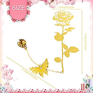 4 Pack Metal Golden Rose Bookmarks Flower Bookmark Cute Bookmarks with 3D Butterfly Pendant Chain and Box Teacher Mom Appreciation Birthday Gifts for Reader Book Lover