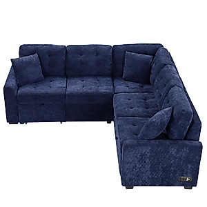 Pull Out Couch Sectional Sleeper Sofa Couch with Pull Out Bed Convertible Sofa Bed with USB Ports and Power Sockets L Shaped Couch for Living Room, Navy Blue