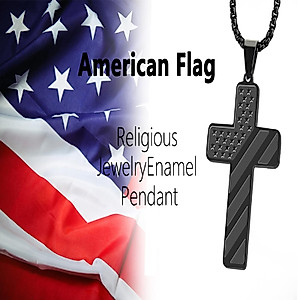 REGIS American Flag Cross Necklace， Stainless Steel Chain with 24-Inch Bible Verse Lord's Prayer Pendant - Men's Patriotic Religious Christian Gift (Always remember, black)