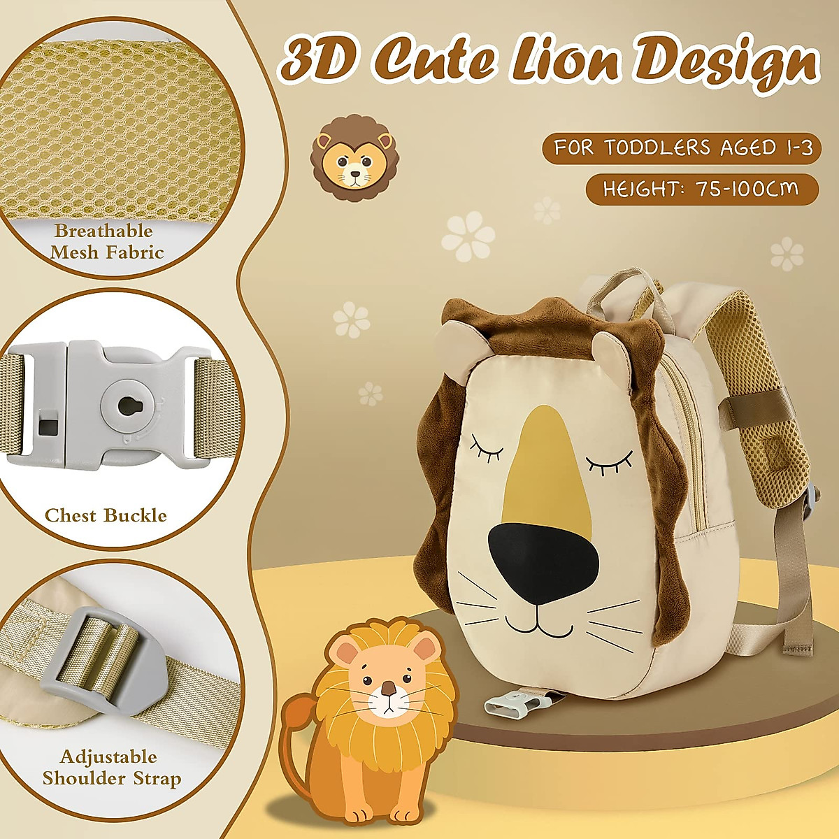 Zooawa Toddler Harness Backpack with Leash, 2 in 1 Cute Lion Kid Backpack with Anti Lost Wrist Link, Toddler Backpack Harness with Safety Leash for 1-4 Years Old Baby Boys Girls