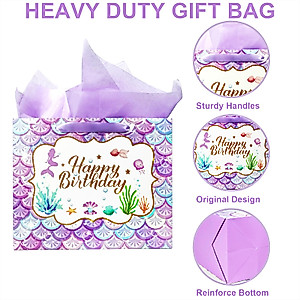 12.6" Mermaid Happy Birthday Gift Bag Set with Greeting Card and Tissue Papers for Girls, Women