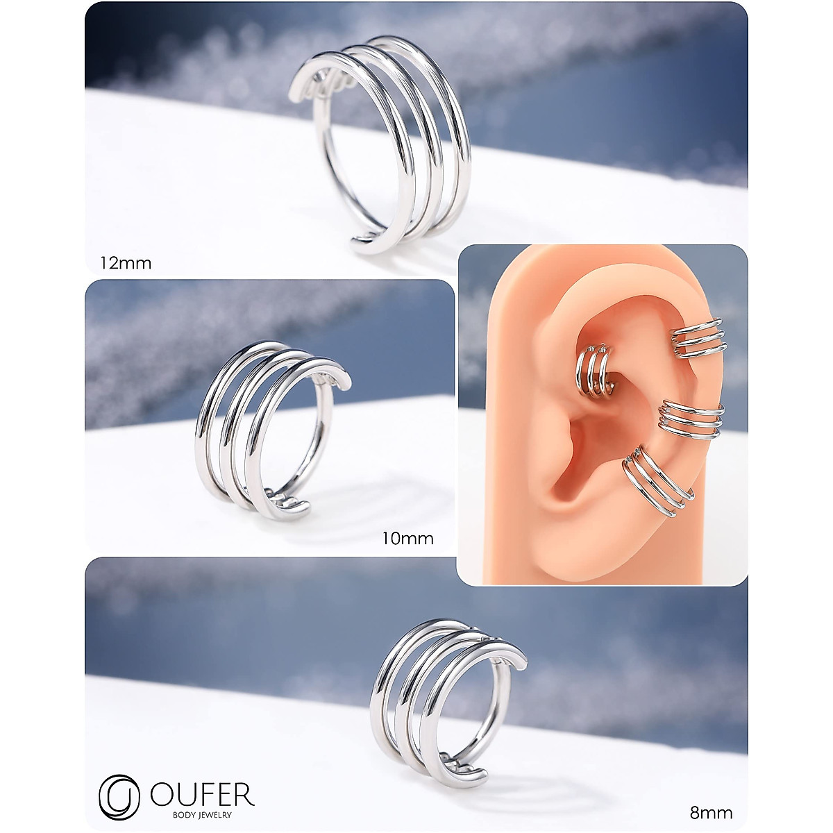 OUFER 16G Conch Piercing Jewelry, 316L Stainless Steel Conch Earrings, Three Row Nose Rings Hoops, Helix Cartilage Daith Rook Earrings for Women and Men-12MM