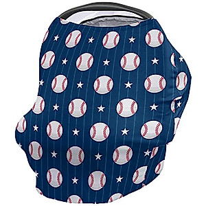 Cartoon Ball Nursing Cover, Breastfeeding Scarf, Soft Breathable Infant Carseat Canopy, Shopping Cart, High Chair, Stroller Covers 26x27.6 inches Baseball with Stars Blue Background