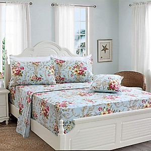 FADFAY Shabby Floral Bedding Elegant Peony Sheets Set Luxury Bedding Collections 800 Thread Count 100% Egyptian Cotton Deep Pocket, 4 Piece-Queen Size