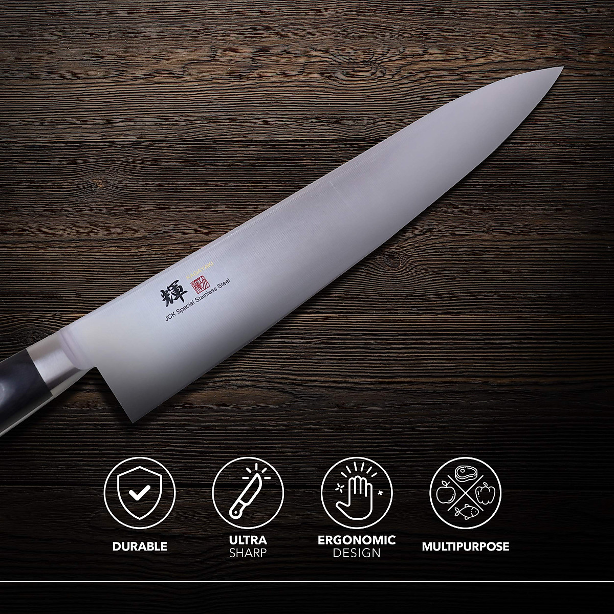 JCK ORIGINAL Kagayaki Japanese Chef’s Knife, KG-8ES Professional Gyuto Knife, VG-1 High Carbon Japanese Stainless Steel Pro Kitchen Knife with Ergonomic Pakka Wood Handle, 10.6 inch