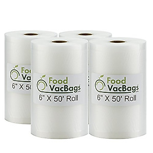 Four 6" X 50' Rolls of FoodVacBags Commercial Grade Vacuum Sealer Bags, FoodSaver Compatible, Sous Vide Cooking Storage Pouches