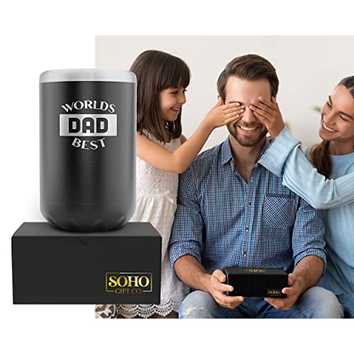 SoHo Can Cooler Gift for Dad, Insulated for 12oz Standard Beer, Soda Can, Tumbler for Fathers Day/Christmas/Birthday Gifts "Worlds Best Dad"(Gift Boxed)