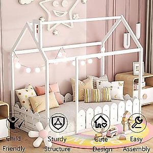 Harper & Bright Designs Twin Floor Bed for Kids, Wood Montessori Floor Bed Twin with Fence-Shaped Rails, Twin Size House Bed for Girls, Boys(Twin,White)