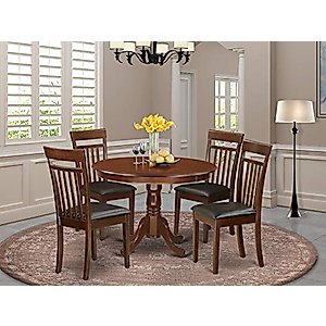 East West Furniture HLCA5-MAH-LC 5 Piece Modern Dining Table Set Includes a Round Wooden Table with Pedestal and 4 Faux Leather Kitchen Dining Chairs, 42x42 Inch, Mahogany