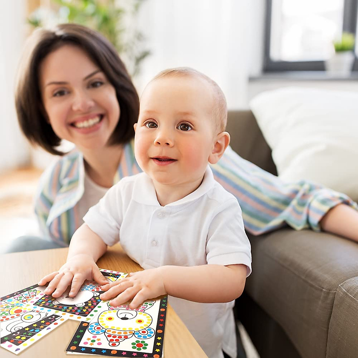 KERARME Mosaic Sticker Art Sticky DIY Handmade Art Kits for Kids - Dinosaur,Unicorn, Snow White, Mermaid, Elephant, Bear, Butterfly (12 Pack)