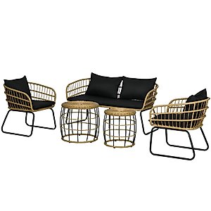 Outsunny 5 Piece PE Rattan Outdoor Furniture Set with Cushioned Chairs & Loveseat Sofa, Patio Sectional Furniture Set, Conversation Sofa Set with Stackable Coffee Tables, Black
