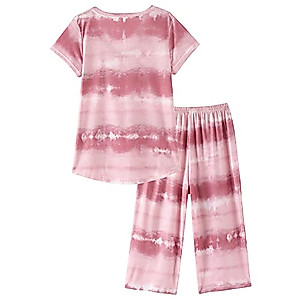 HONG HUI Women's Sleepwear Short Sleeve Top with Capri Pants Pajama Sets Comfy Pjs Sets Casual Loungewear Pink Medium