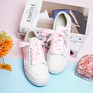 Marrywindix 2 Pairs 47" Flat Satin Ribbon Shoelaces Pink Silk Shoestrings Wide Shoe Laces for Sneakers Skate Shoes Boots Sport Shoes