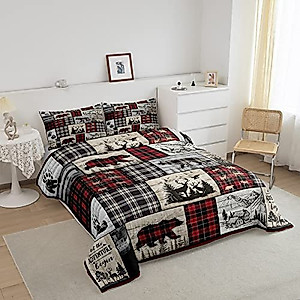 Rustic Cabin Comforter Set Twin Woodland Wolf Deer Bear Comforter For Kids Adults,Red Black Buffalo Plaid Bedding Set Wildlife Camping Lodge Mountain Quilt Bedding Southwestern Farmhouse Decor