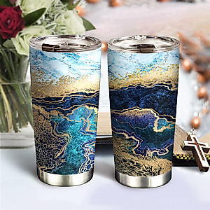 64HYDRO 20oz Coffee Thermos for Women, Inspirational Birthday Gifts for Her, Gifts for Mom Daughter Sister Friends, Abstract Gold Blue Ocean Marble Tumbler Cup, Insulated Travel Coffee Mug with Lid