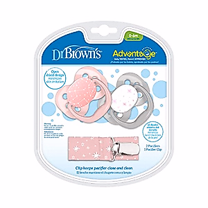 Dr. Brown's Advantage Symmetrical Pacifier with Air Flow & Pacifier Clip, Pink, 2-Pack, 0-6m