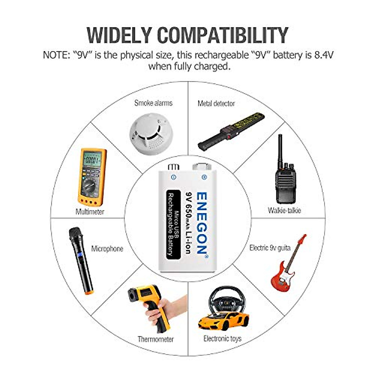 ENEGON 9V Direct USB Rechargeable Lithium-ion 650mAh Batteries with 2 in 1 Micro USB Cable for Wireless Microphone, Smoke Alarms, Electronic Toys, Walkie-Talkie and More Devices (4 Pack)