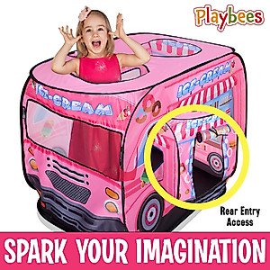 Playbees Musical Ice Cream Truck Pop Up Play Tent with 3 Openings - Tent for Toddlers - Indoor & Outdoor - Pop Up Tents for Kids - Includes Carry Bag and Sound Button- 43.5x28x26.5 Inch