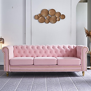 Homtique 84" Modern Sofa Couch for Living Room, 3 Seater Couch Comfy Velvet Sofa Button Tufted Rolled Arms and Gold Legs, Chesterfield Sofa for Home Studio/Office, Bedroom, Pink