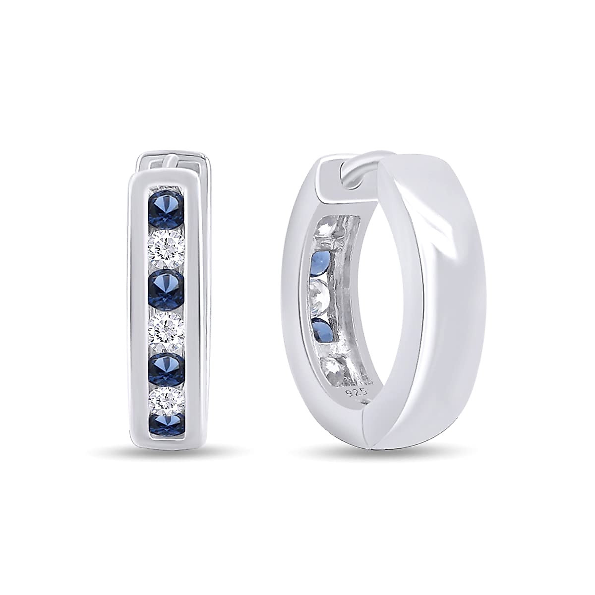 Round Cut Simulated Blue Sapphire With Cubic Zirconia Huggies Hoop Earrings In 14K White Gold Over Sterling Silver