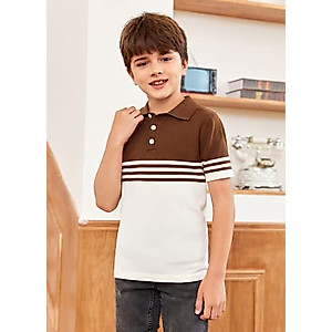 Boys Short Sleeve Polo Shirt, Button Closure, Knit Stretch Stripe T-Shirts for Kids and Teens 5-14 Years Brown