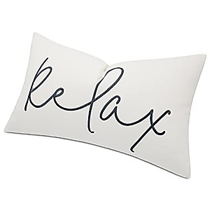 Rudransha Relax Sentiment Embroidered Decorative Oblong Accent Throw Pillowcase - Bedroom Decor, Housewarming - 12x20 Inches, Offwhite