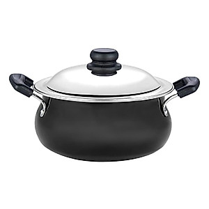 Vinod Black Pearl Hard Anodised Handi – Stainless Steel Lid – Junior Size – 3 Liters (3.2 Quarts) – Suitable For Biryani, Pulao, Gravy, Curry – Aluminium Pot – Riveted Handles - Metal Spoon Friendly