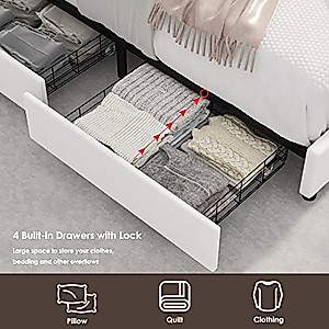 HOSTACK King Bed Frame with 4 Storage Drawers, Upholstered Platform Bed Frame with Button Tufted Headboard, Heavy Duty Mattress Foundation with Wooden Slats, No Box Spring Needed (White, King)