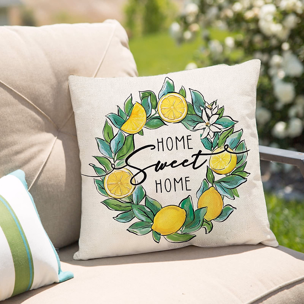 Fjfz Hello Summer Lemon Decorative Throw Pillow Cover 18 x 18 Set of 4, Bicycle Black White Buffalo Plaid Check Stripes Porch Outdoor Home Decor, Home Sweet Home Wreath Farmhouse Couch Cushion Case