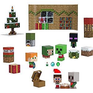 Mattel Minecraft Mob Head Minis Advent Calendar with 24 Surprises Including 6 Action Figures & Accessories, Includes Steve, Holiday Gift