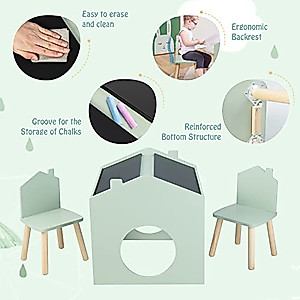 Costzon Kids Table and Chair Set, 3 Pieces Wooden Table Set for Toddler w/Chalkboards for Arts, Crafts, Reading, Drawing, House-Shaped Space-Saving Children Furniture Set, Gift for Boys Girls, Green