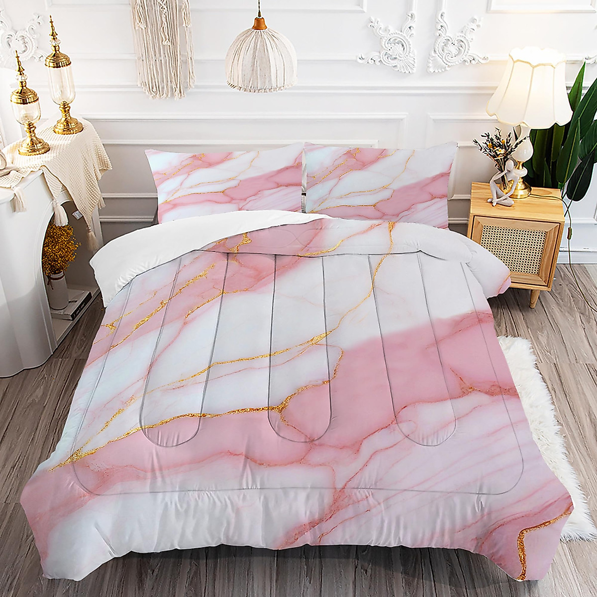 FUYEUN Marble Comforter Sets Pale Pink Chic Bedding Set Full Size for Girls Teens Women Boys Gold Glitter Luxury Marbling Texture Quilt 1 Comforter + 2 Pillow Cases