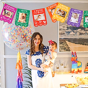 Kreatwow Mexican Photo Banner Fiesta Monthly Banner Papel Picado for 1st Birthday Party Decorations from Newborn to 12 Month